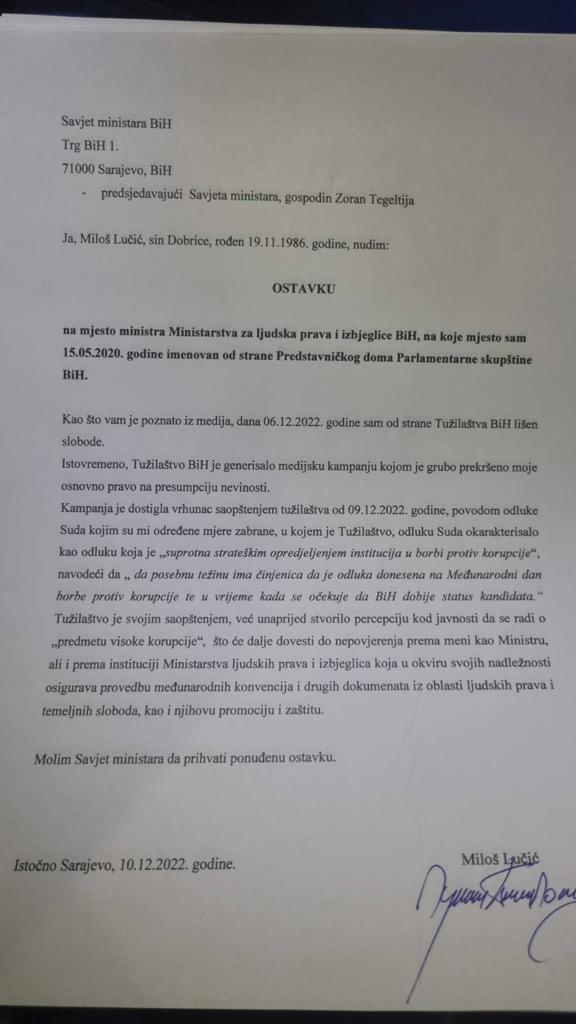 Lučić u ostavci tvrdi da je Tužilaštvo povrijedilo pretpostavku nevinosti