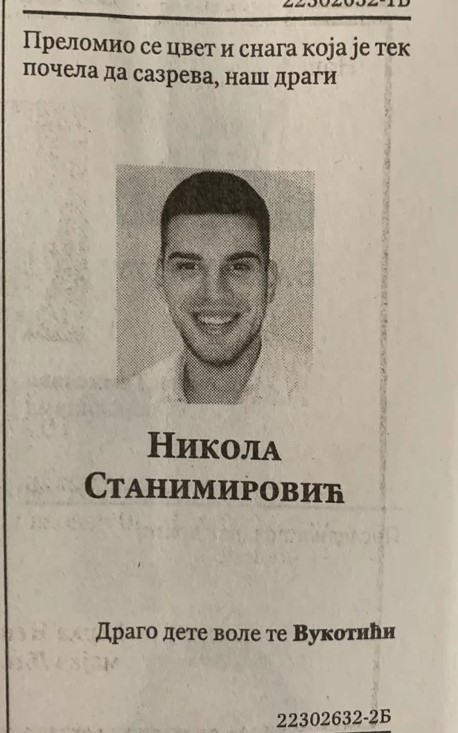 Potresne čitulje posvećene stradalom mladiću Nikoli
